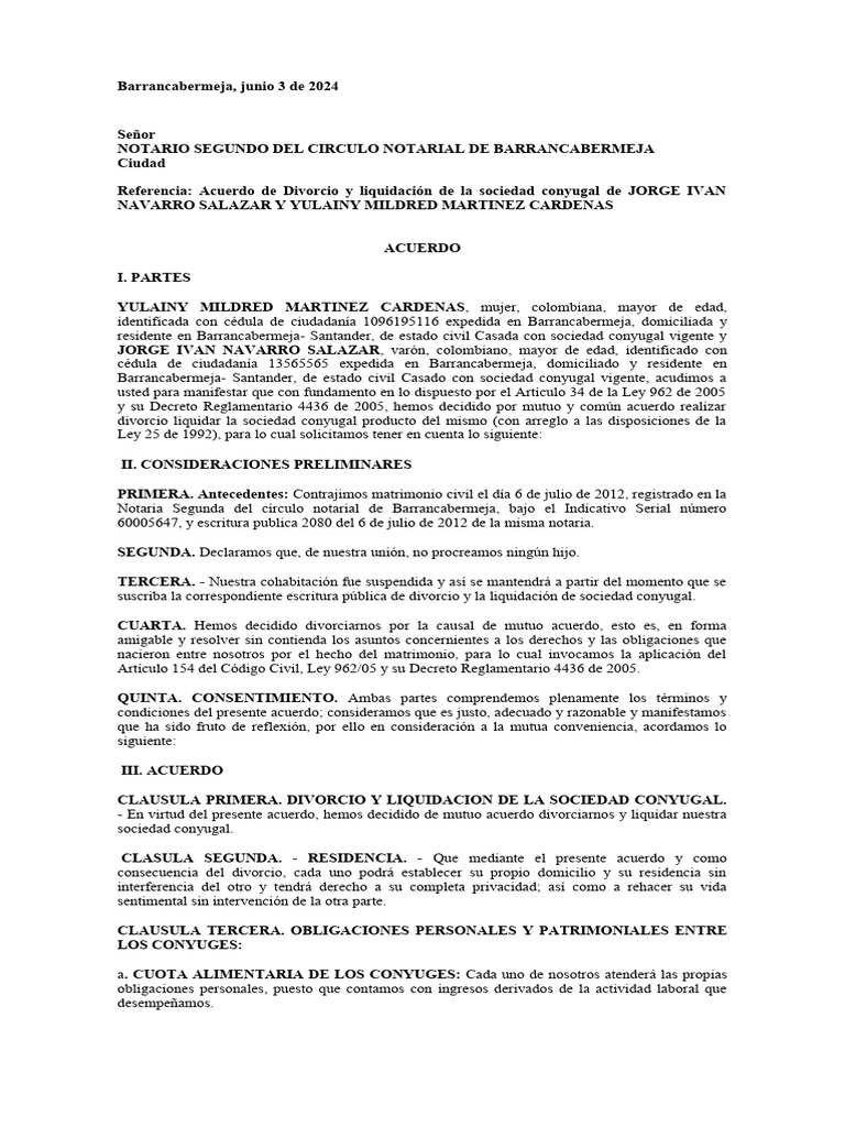 ACUERDO DE DIVORCIO | Descargar gratis PDF | Divorcio | Propiedad de la comunidad