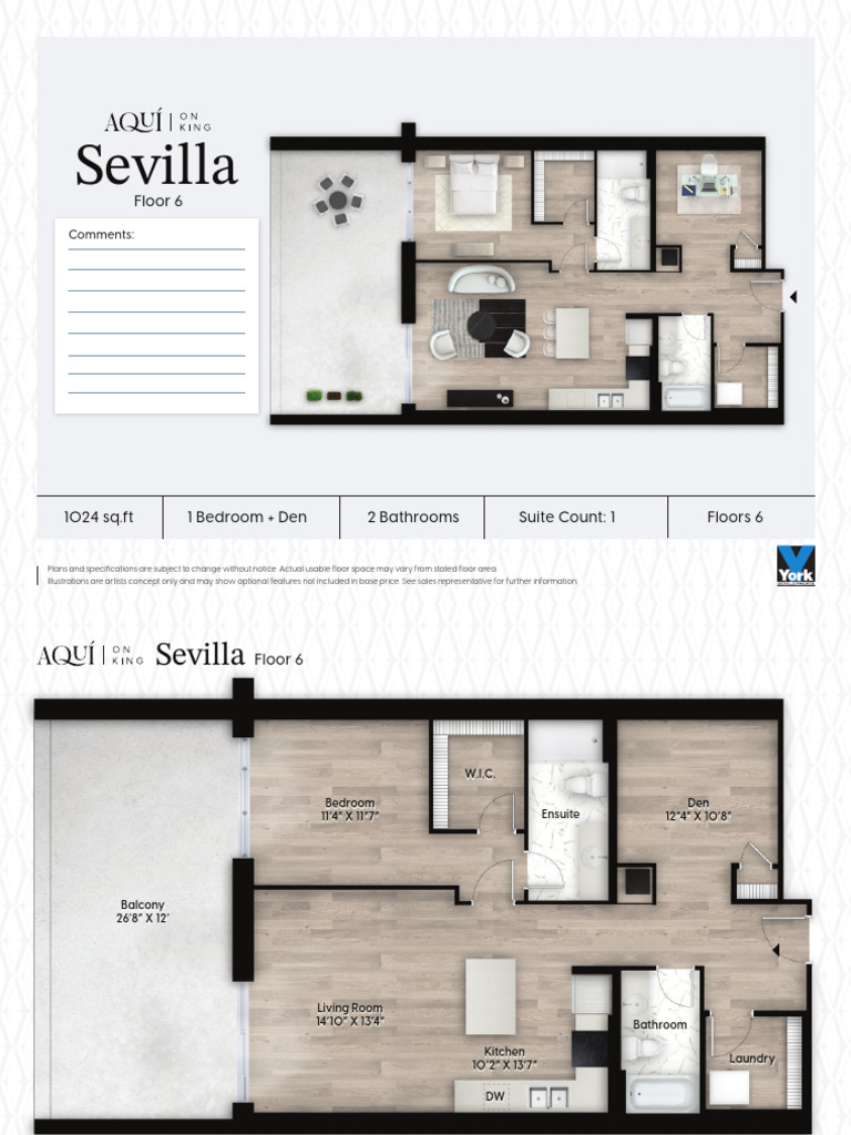 Sevilla 1 Bed + Den Floor Plan Details | PDF