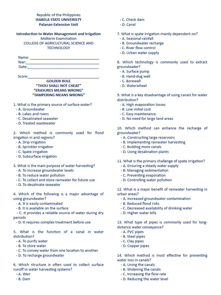 Midterm Exam Irrigation and Water Management | PDF | Irrigation | Water