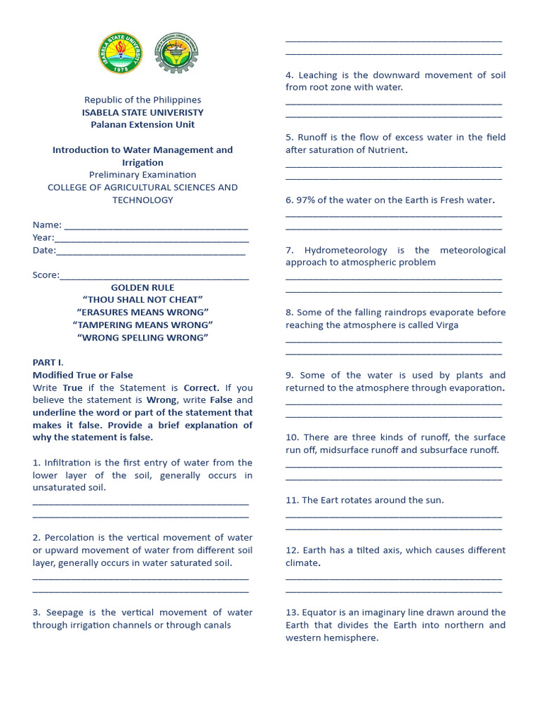 Water Management and Irrigation Exam | PDF | Agriculture | Soil