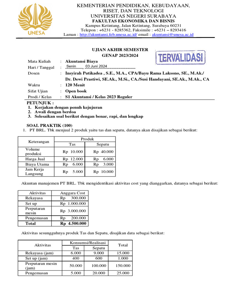 Uas Akuntansi Biaya 2023 | PDF