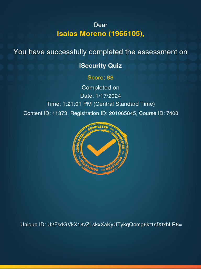 Isecurity Quiz - Completion - Certificate | PDF