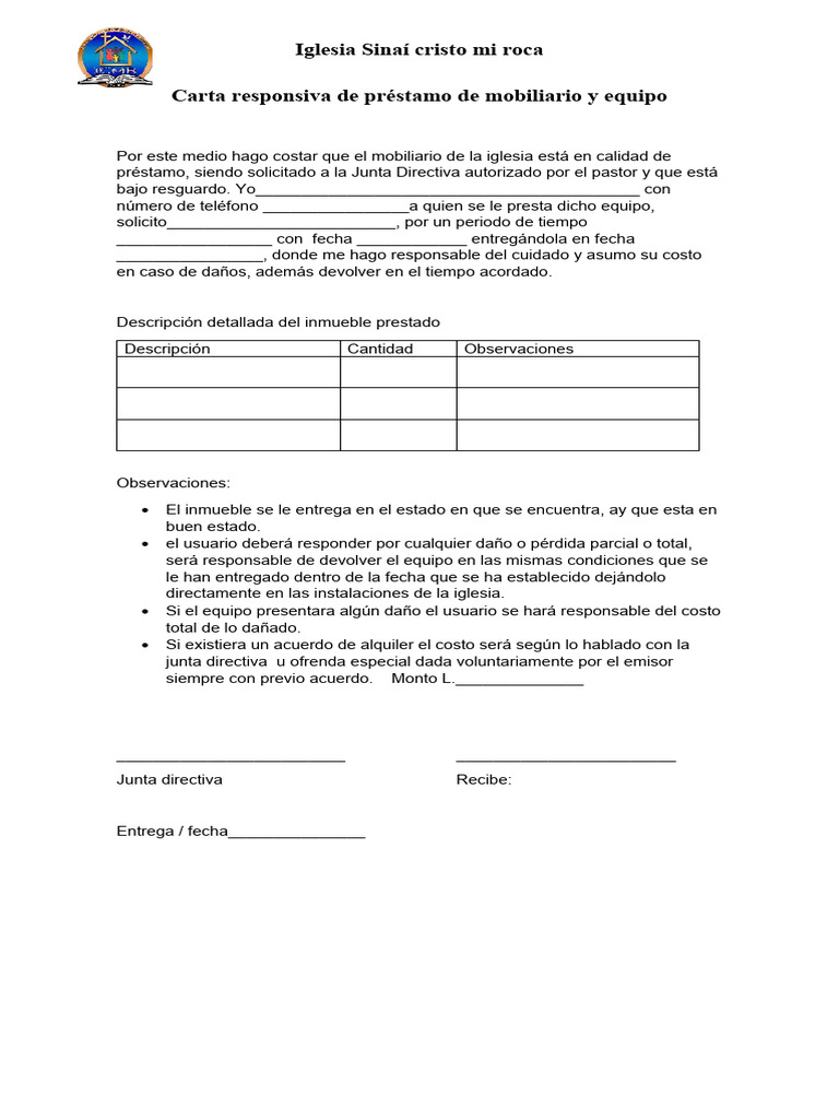 formato Carta responsiva de préstamo de mobiliario y equipo | PDF