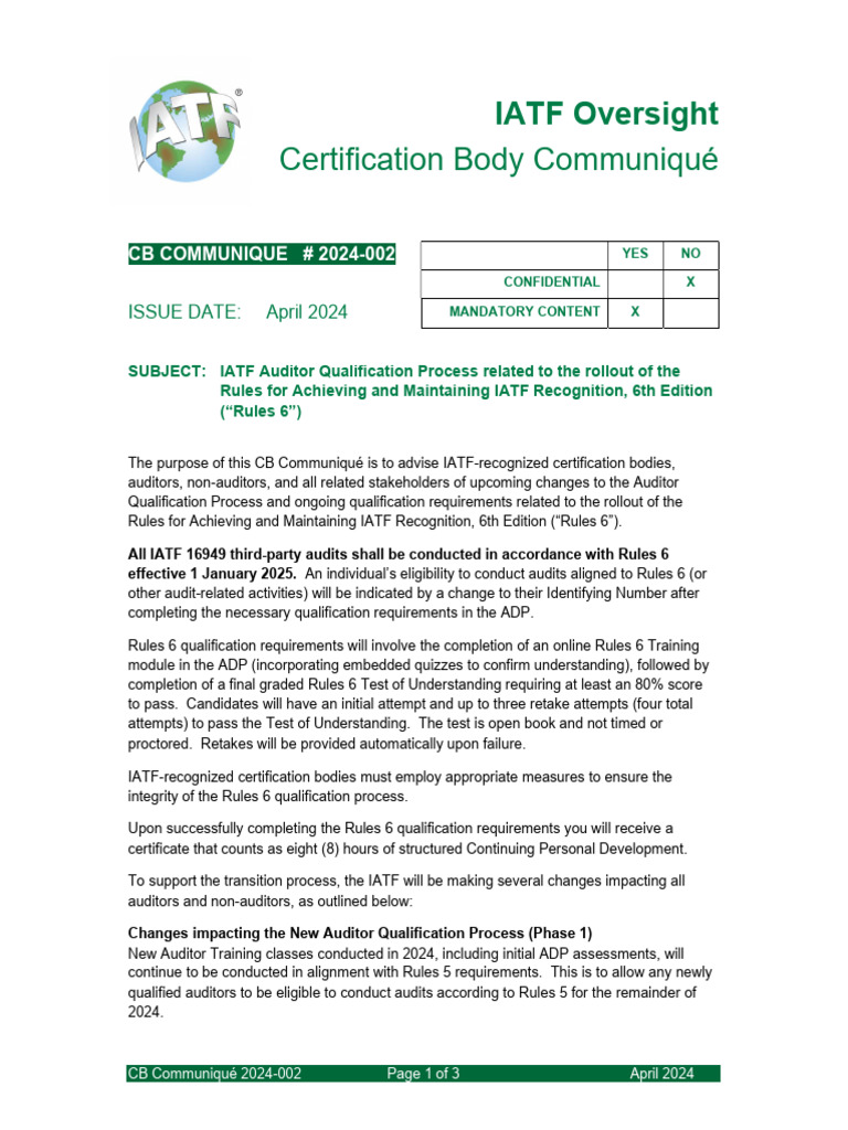 IATF Rules 6 Auditor Update | PDF | Audit