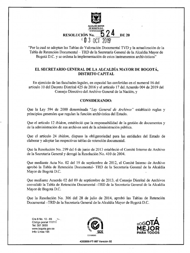 Resolucion 524 de 2019 | PDF | Bogotá | Gobierno