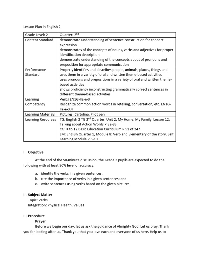 Lesson Plan in English 2 | PDF | English Language | Verb