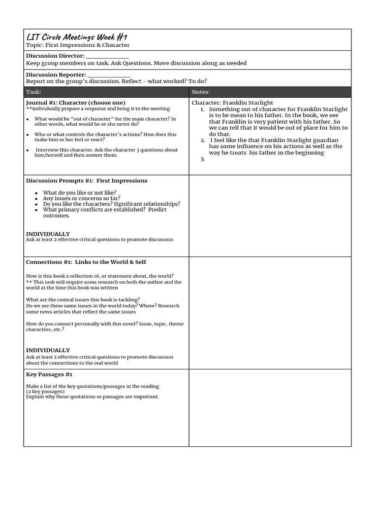 MA - 12SS 816655 Rick Hansen SS - Week 1 4U Lit Circle Meetings OUTLINE ...
