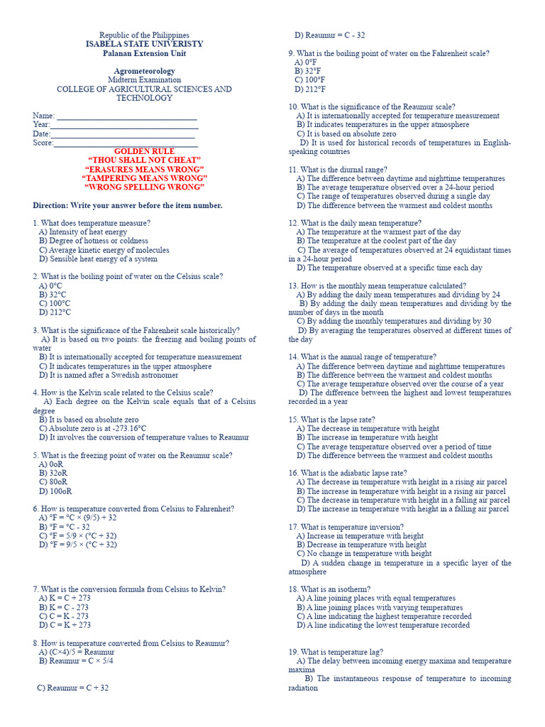 Midtrem Exam Agrometeorology | PDF | Atmosphere Of Earth | Celsius Midtrem Exam Agrometeorology | PDF | Atmosphere Of Earth | Celsius
