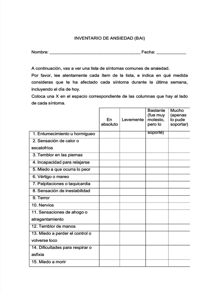 PDF Inventario de Ansiedad de Beck Bai - Compress | PDF | Ansiedad | Salud mental