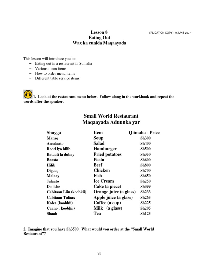 Somali Lesson 08 | Download Free PDF | Western Cuisine | Food And Drink ...