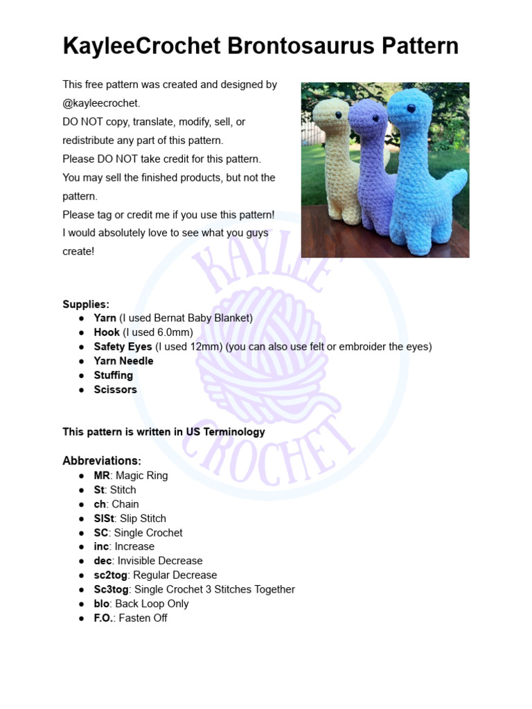 KayleeCrochet Brontosaurus Pattern | Download Free PDF | Crochet ...