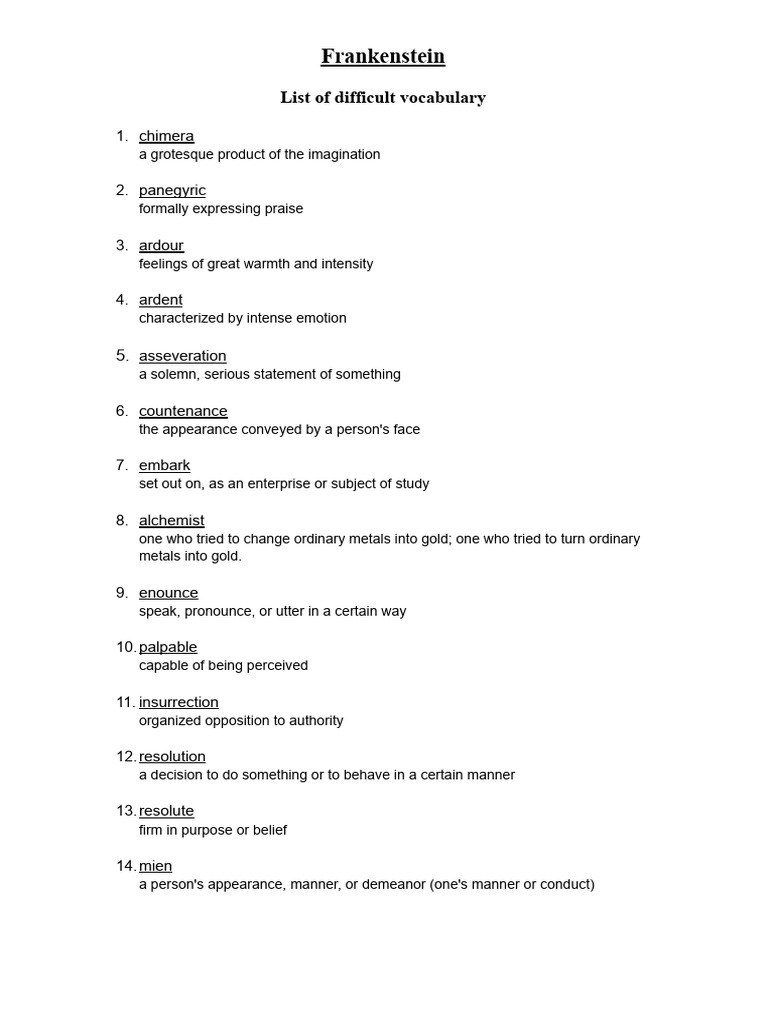 Frankenstein list of difficult vocabulary! | PDF