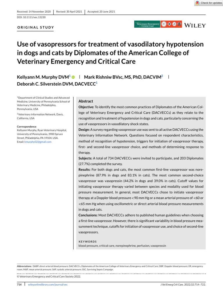 Vasopressor Use in Canine Hypotension | PDF | Blood Pressure | Clinical ...