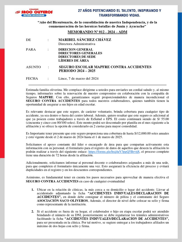 Memorando N°012 - 2024 - Seguro Mapfre 2024-2025 para Trabajadores e ...