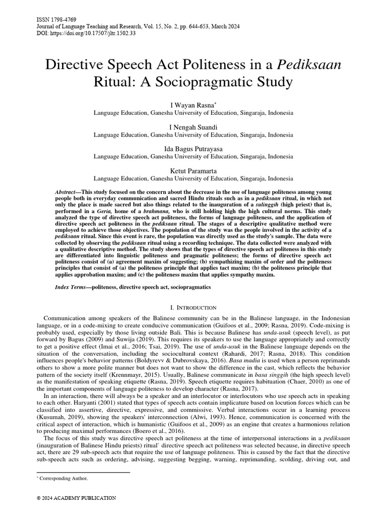 Directive Speech Act Politeness in A Pediksaan Ritual A Sociopragmatic ...