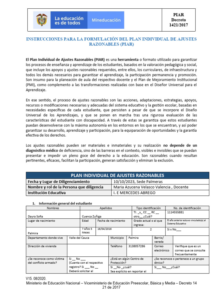 07.PIAR v15 (1) | PDF | Maestros | Educación de la primera infancia