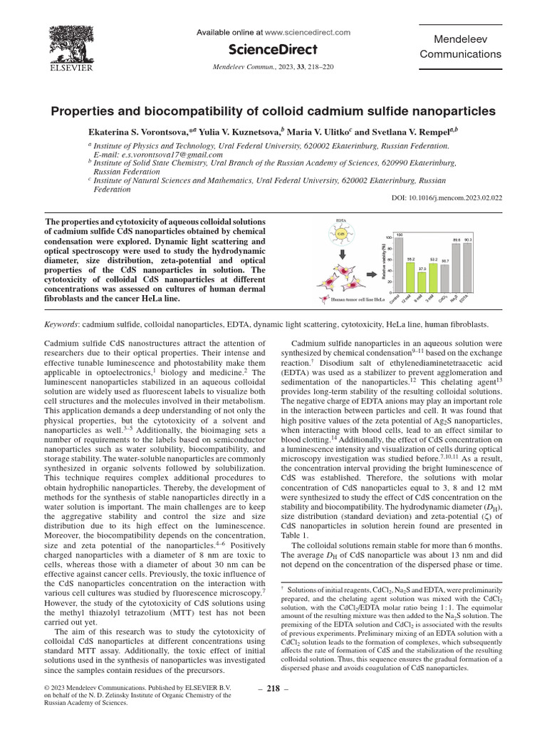 Properties and Biocompatibility of Colloid Cadmium Sulfide ...