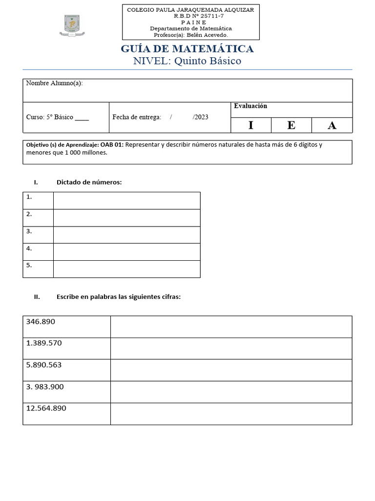 Guía de Matemática 5° Básico: Números Naturales | PDF