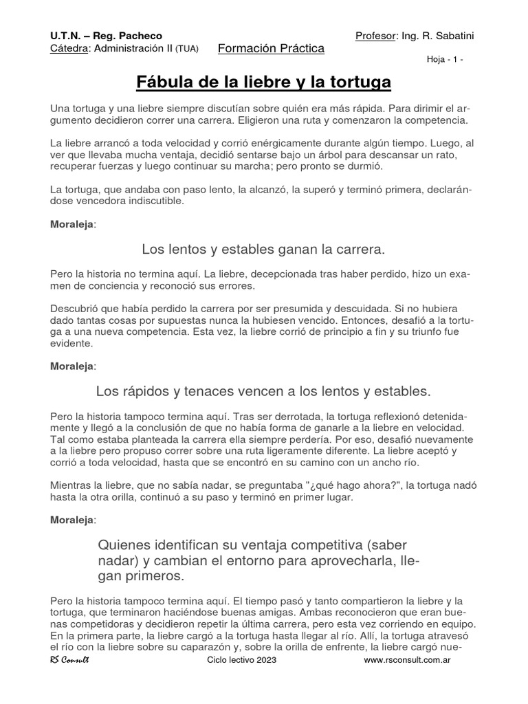 Ut Iv 4 2d Fábula De La Liebre Y La Tortuga Pdf