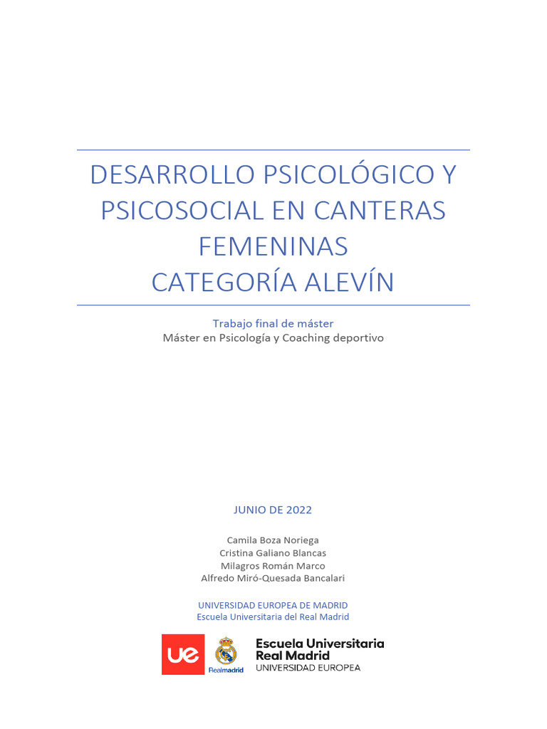 Desarrollo Psicológico y Psicosocial de Las Deportistas en Canteras Femeninas, Categoría Alevin ...