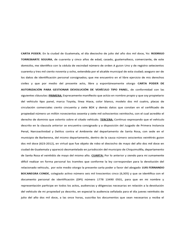 Carta Poder para Devolución de Vehículo | PDF | Guatemala | Documento de identidad