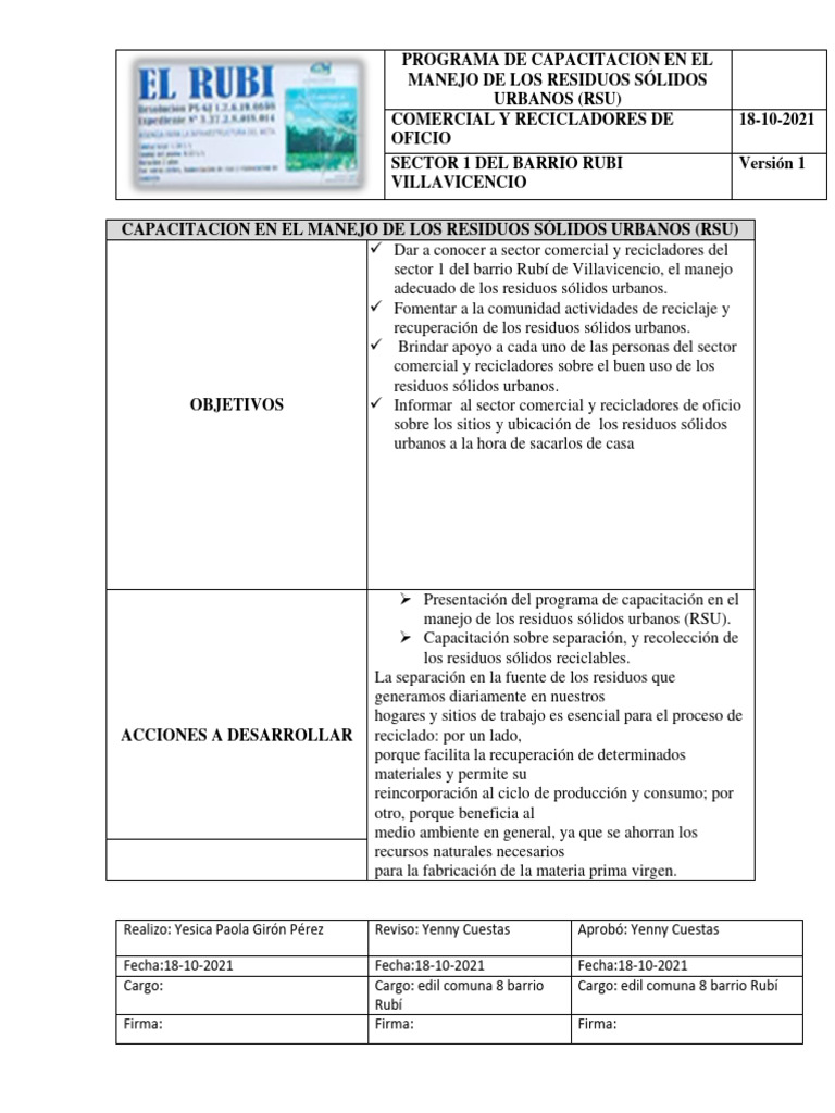 Programa de Capacitacion en El Manejo de Los Residuos Sólidos Urbanos | PDF | Residuos ...