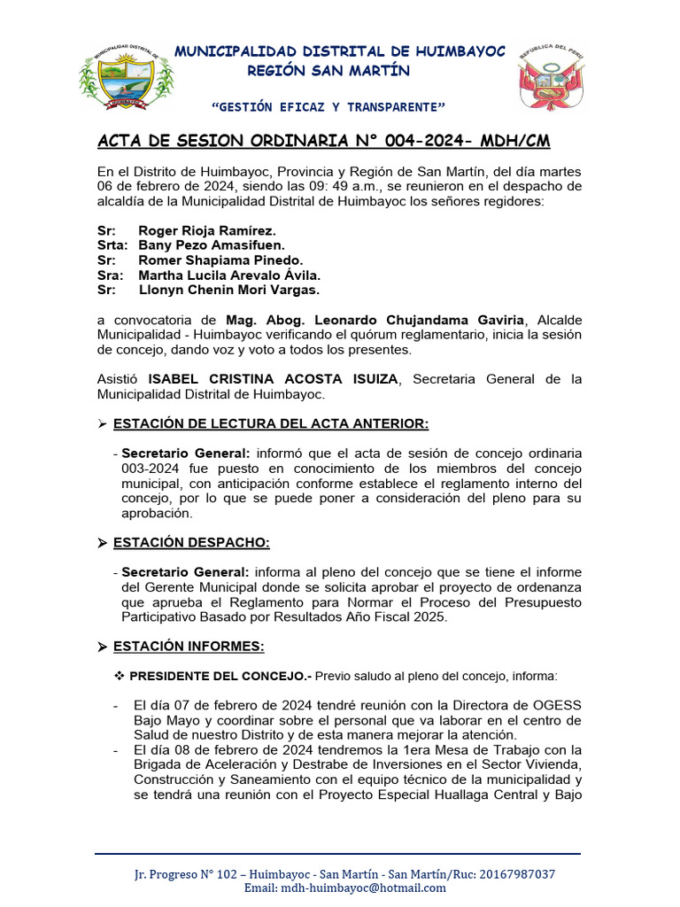ACTA DE SESION ORDINARIA N° 004-2024-MDH | Descargar gratis PDF ...