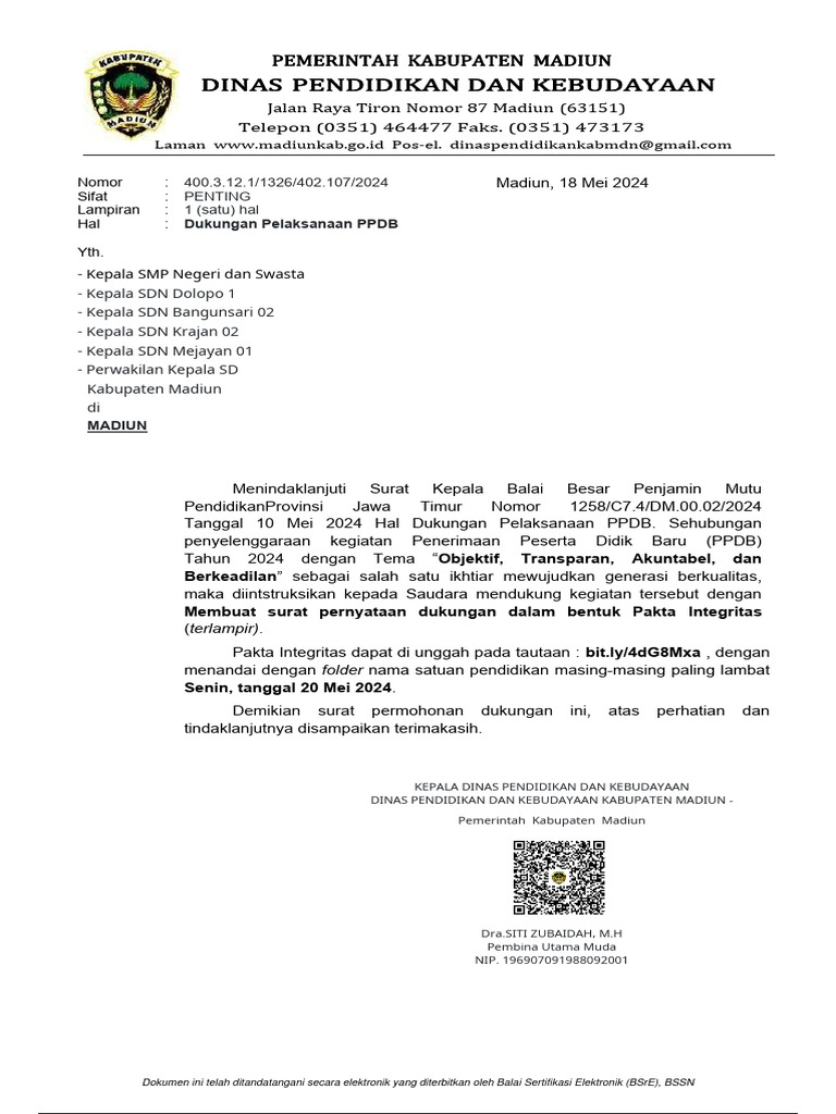 Surat Dukungan Pelaksanaan PPDB Satdik | PDF