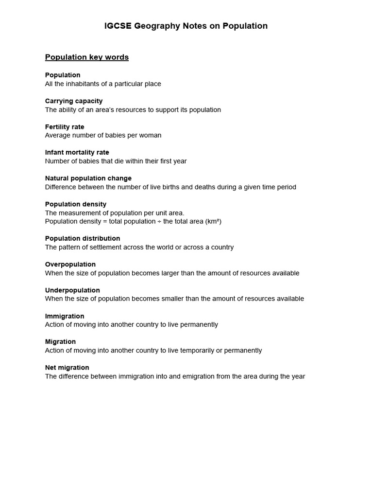 Igcse Geography Notes On Population Pdf Human Migration Immigration