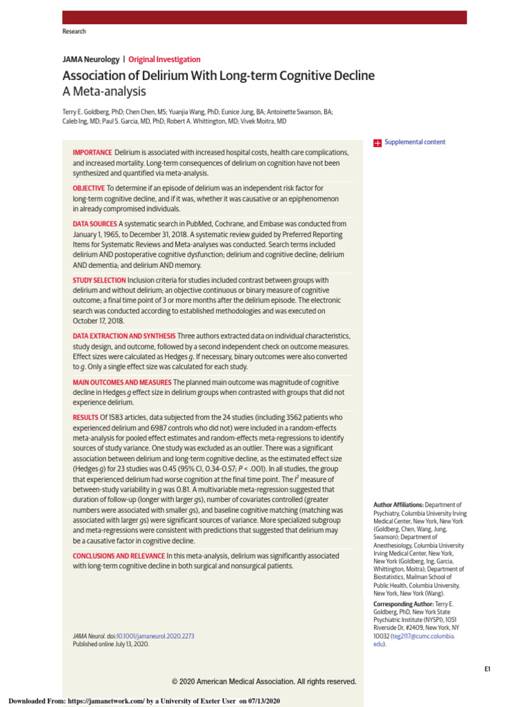 Delirium's Impact on Long-term Cognition | PDF | Effect Size | Meta ...