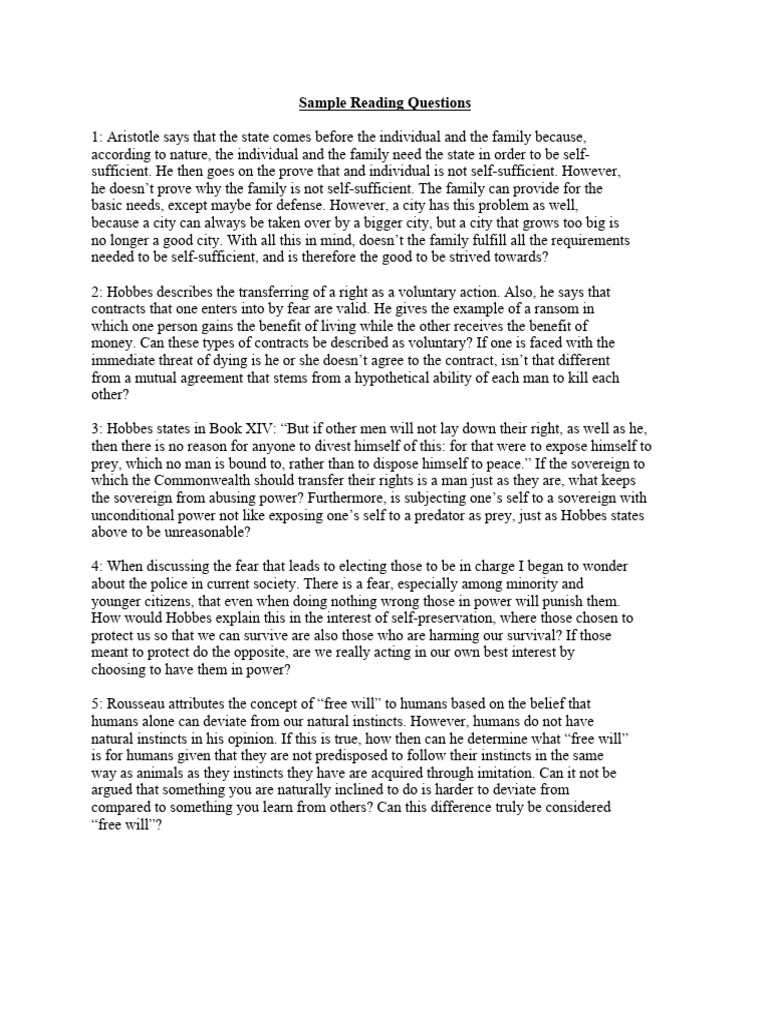 Sample Reading Questions | PDF | Free Will | Instinct