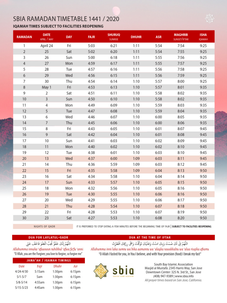 SBIA Ramadan Timetable 2020 | PDF | Ramadan | Prayer