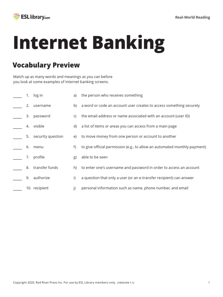 Internet Banking: Vocabulary Preview | PDF | Online Banking | Banks ...