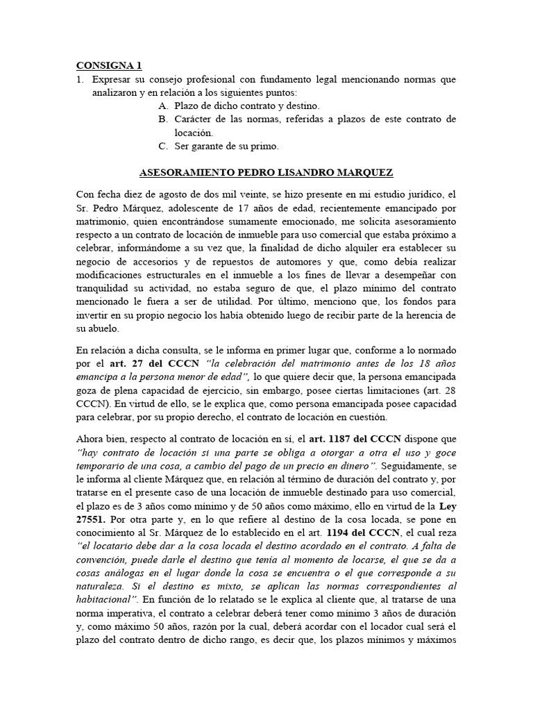 Entrega TP 1 - Consigna 1 y 2 Contratos | PDF | Derecho civil (sistema legal) | Ley común