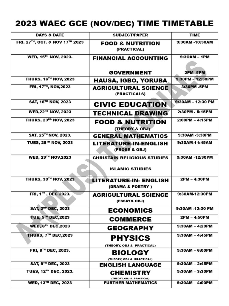 Summarized 2023 Waec Gce Timetable | PDF