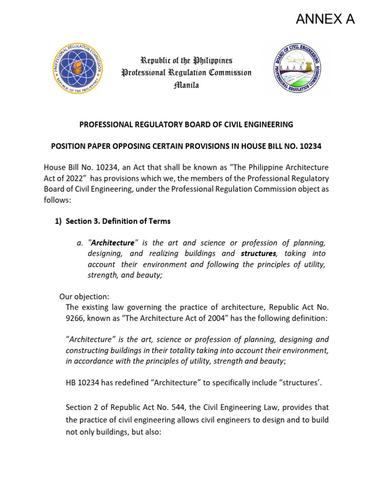PRBOCE Position Paper Re HB10234 Annex A | PDF | Architect | Engineer