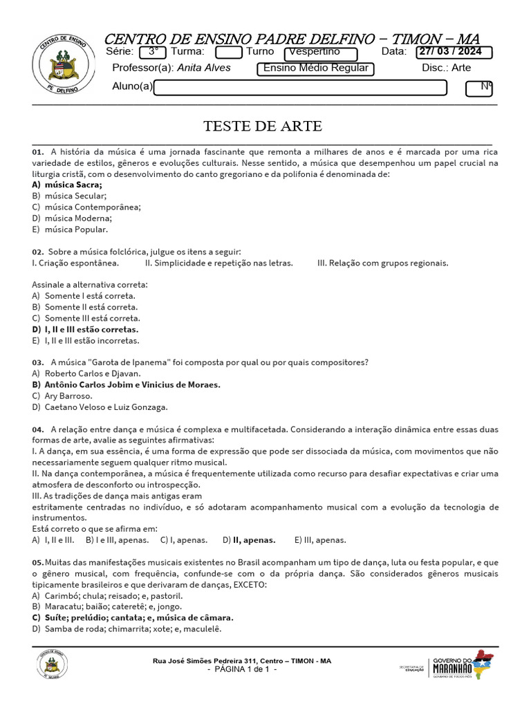 AVALIAÇÃO DE ARTE - 3° ANO - 1° Período | PDF | Notação musical | Artes ...