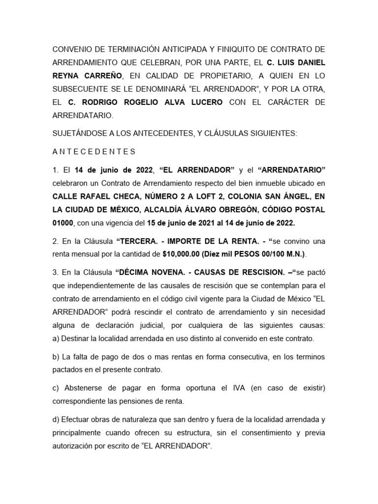 TERMINACION ANTICIPADA ARRENDAMIENTO CONVENIO | PDF