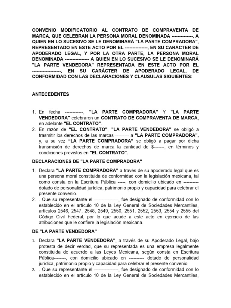 Convenio Modificatorio Al Contrato de Compraventa de Marca | PDF ...