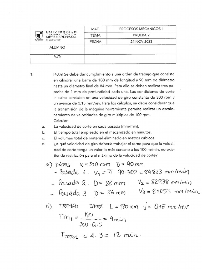 Procesos Mecanicos Ii - Prueba 2 | PDF