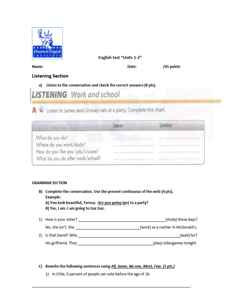 English Test Units 1-2 | PDF | English Language | Languages