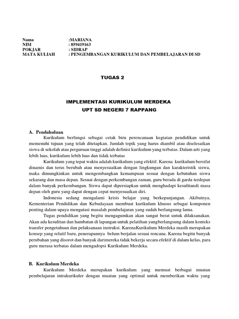 Mariana - 859419163 Tugas 2 Pengembangan Kurikulum Dan Pembelajaran Di SD | PDF | Karier ...
