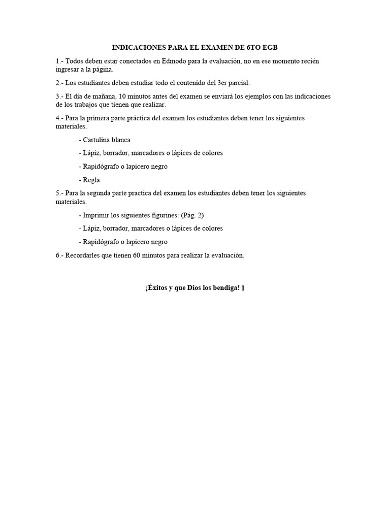 INDICACIONES PARA EL EXAMEN DE T6O EGB | PDF