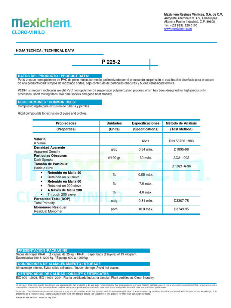 PVC P225-2: Usos y Especificaciones | PDF | Sector secundario de la ...