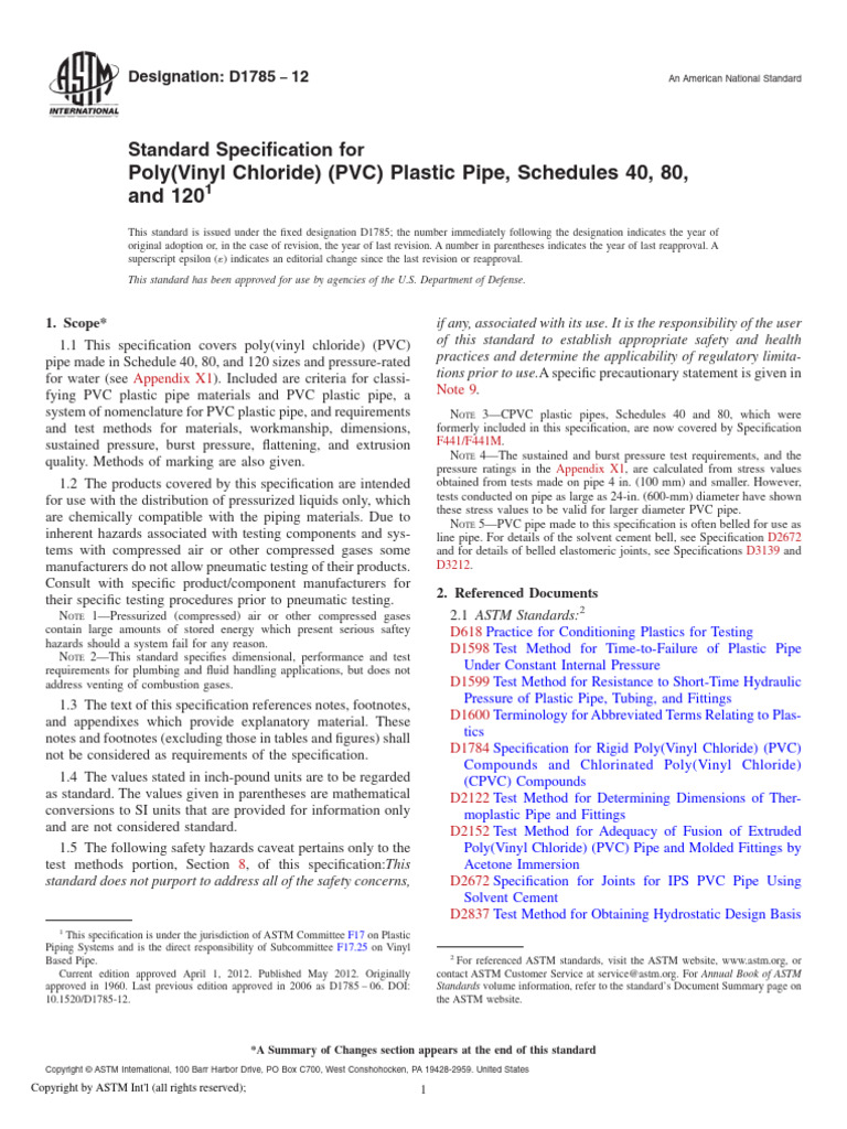 Poly (Vinyl Chloride) (PVC) Plastic Pipe, Schedules 40, 80, and 120 ...