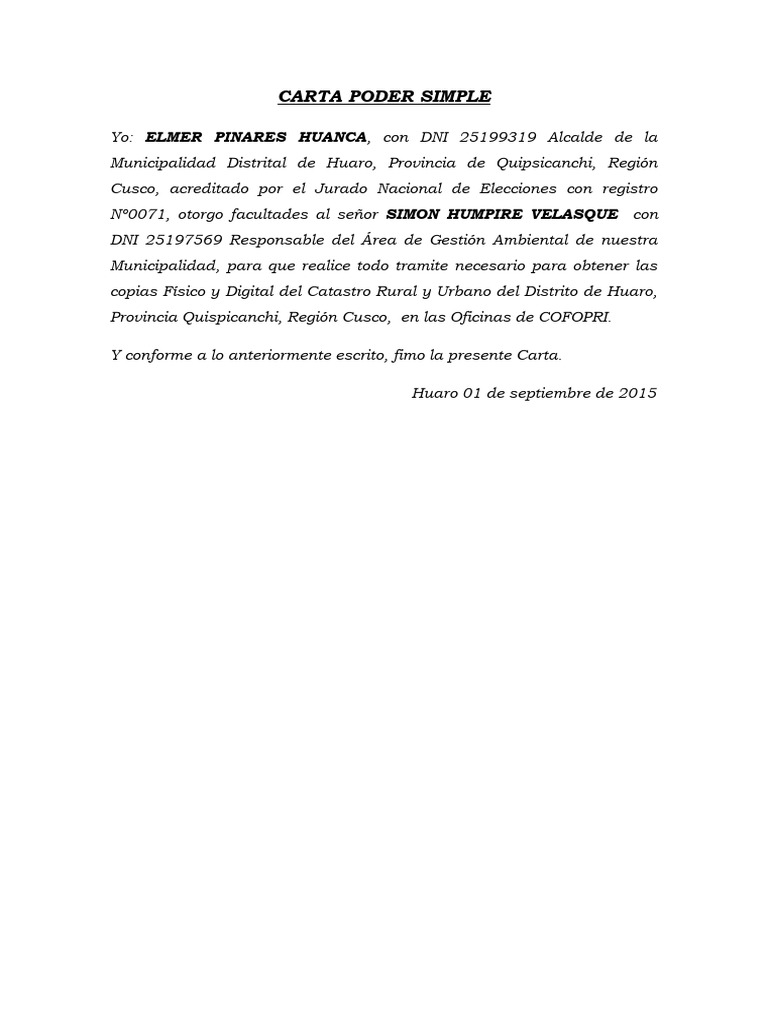 Carta Poder Simple para Trámites COFOPRI | PDF