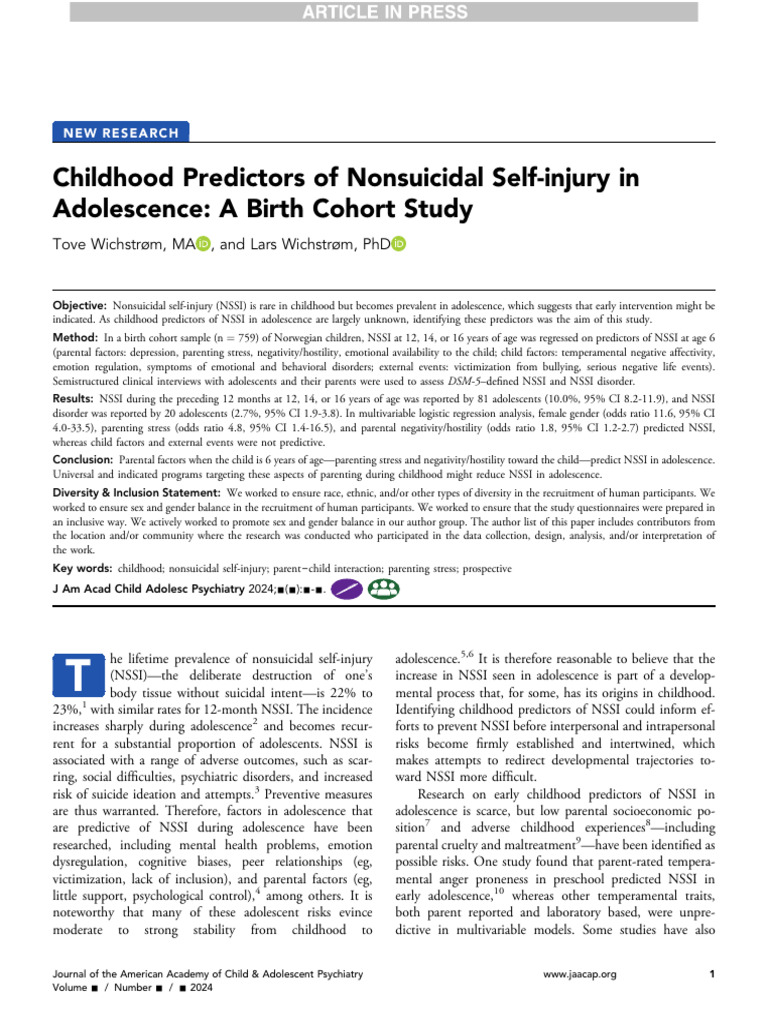 Childhood Factors Predicting NSSI in Teens | PDF | Self Harm | Mental ...