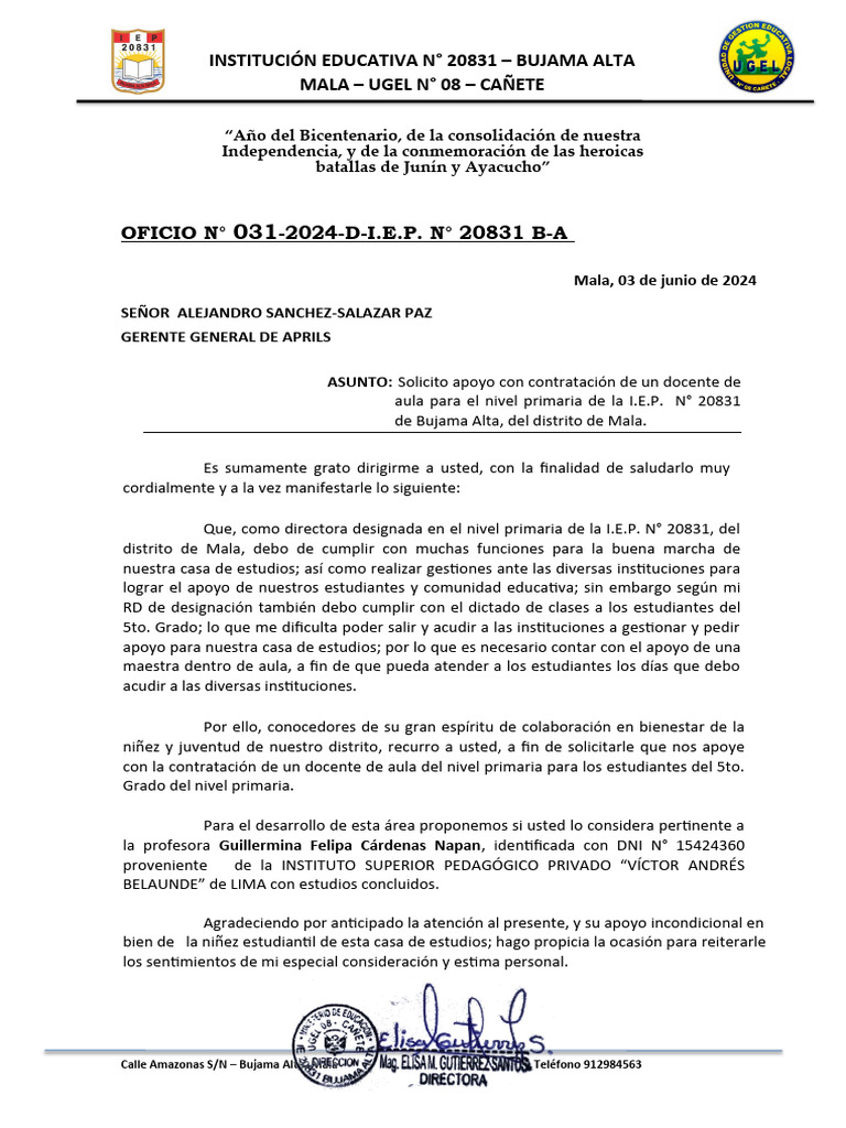 Oficio APOYO CON PROFESORA DE AULA | PDF