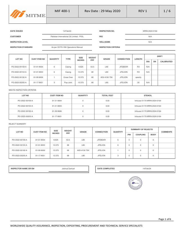 Inspection Document - MRIN-2024-0164 - 12135955051707898456 | PDF | Quality