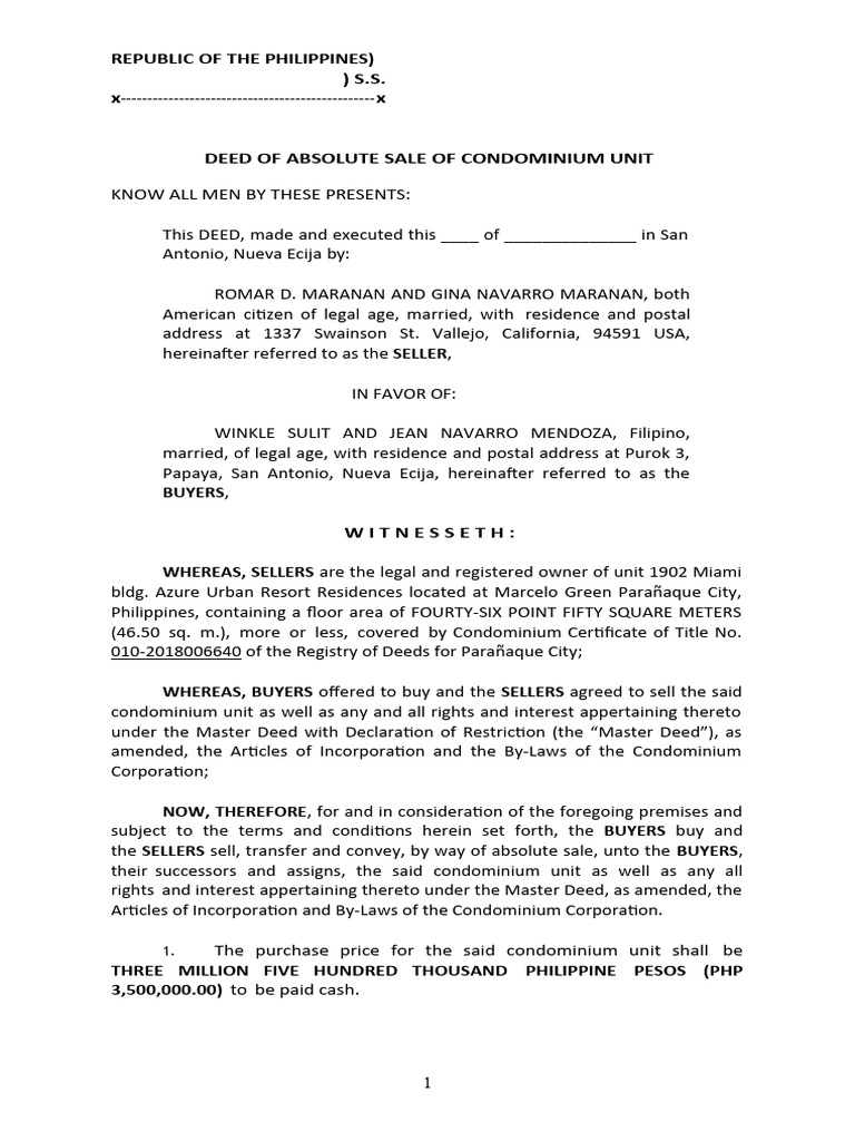 Absolute Deed of Sale (Condo) | PDF | Condominium | Taxes